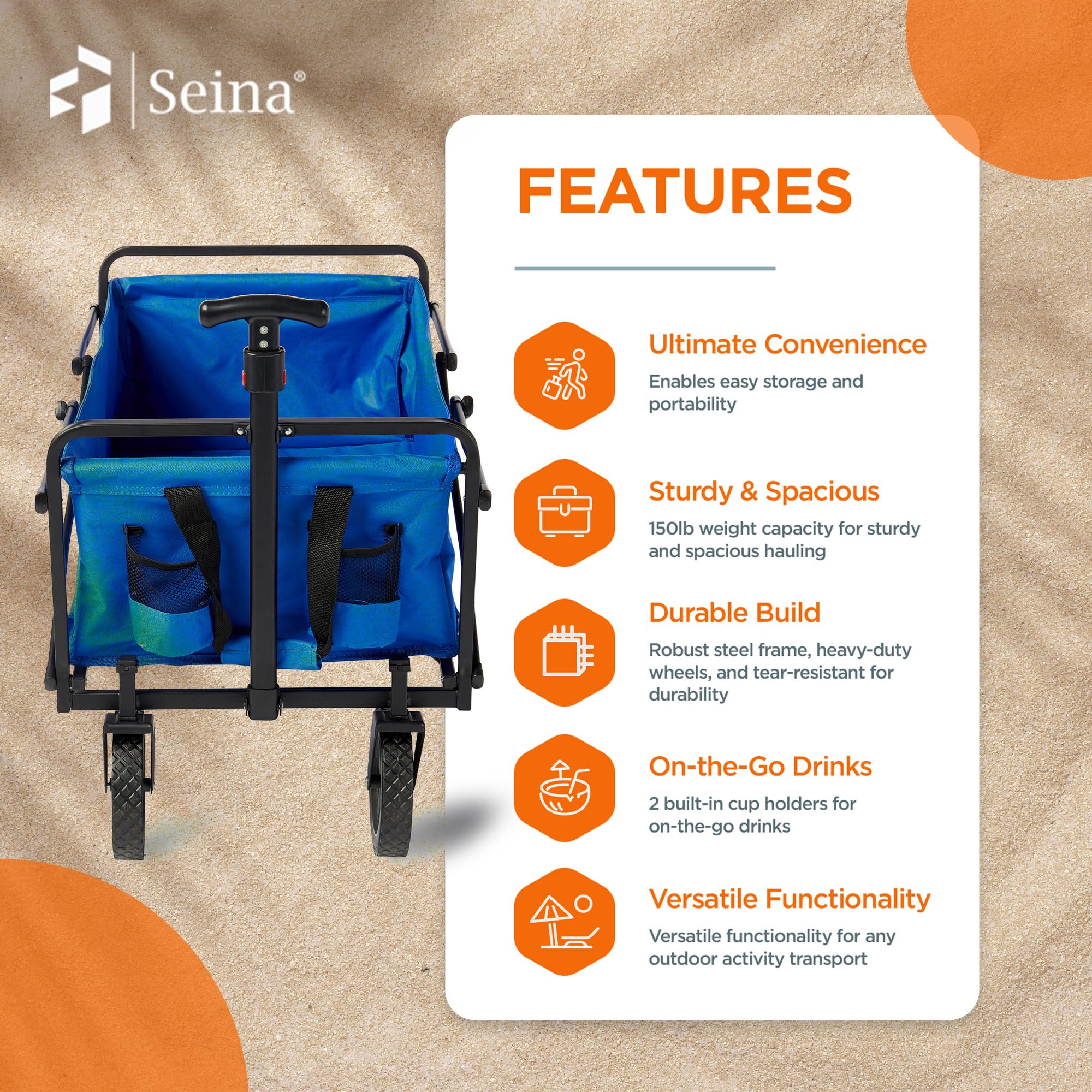 Seina Heavy Duty Steel Compact Collapsible Folding Outdoor Portable Utility Cart Wagon w/All Terrain Rubber Wheels and 150 Pound Capacity, Blue