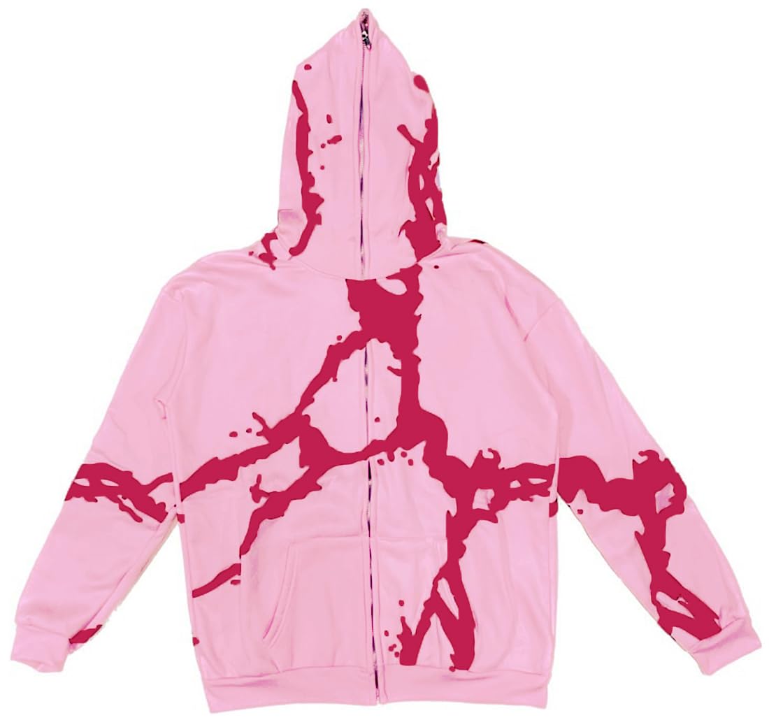 MINIDORA Men's Y2k Zip Up Hoodies Oversize Pullover Sweatshirts Hip Hop Streetwear Only Hoodie-Pink Medium