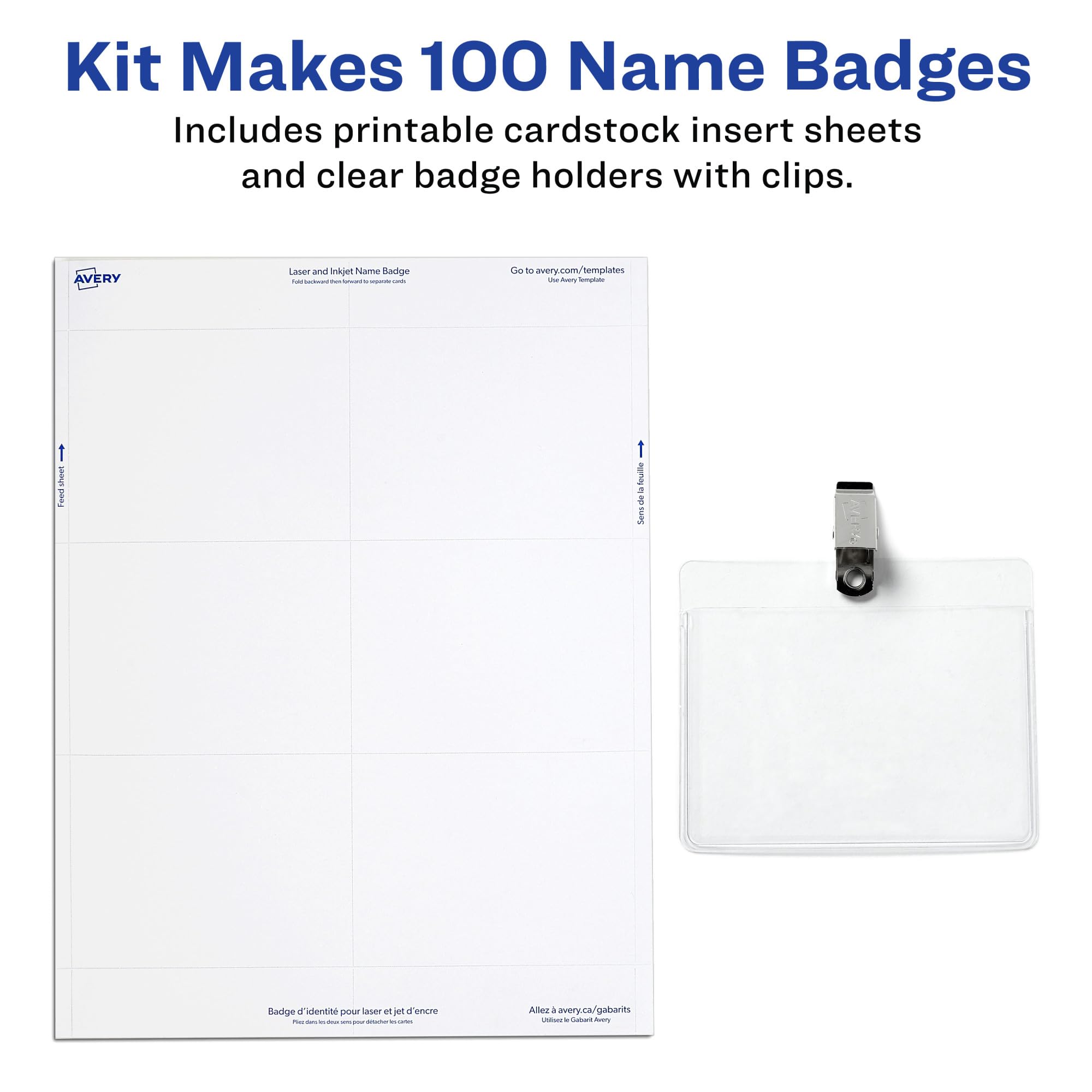 Avery Customizable Name Badge Clips, 3" x 4", White, 100 Printable Inserts and Badge Holders with Clips (74541)
