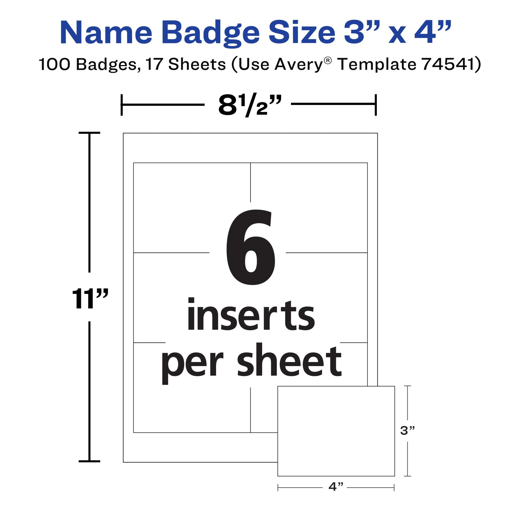 Avery Customizable Name Badge Clips, 3" x 4", White, 100 Printable Inserts and Badge Holders with Clips (74541)
