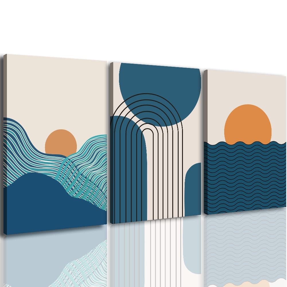 Boho Wall Art Decor Set of 3 Mid Century Blue Modern Rainbow Wall Decor 16x24in Canvas Paintings Print Minimalist Line Sun And Moon Artwork For Bedroom Living Room Nursery Aesthetic Bathroom