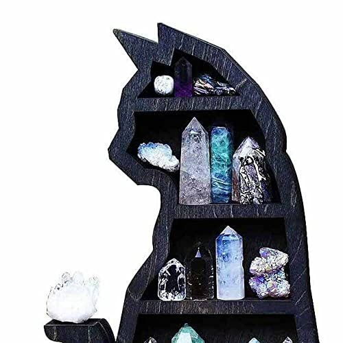 Cat in The Moon Crystal Wooden Shelf,Cat-Shaped Crystal Wooden Shelf, Multipurpose Storage Rack, Bed Room Display Crystals Stone, for Small Plant and Art Gothic Room Ornaments