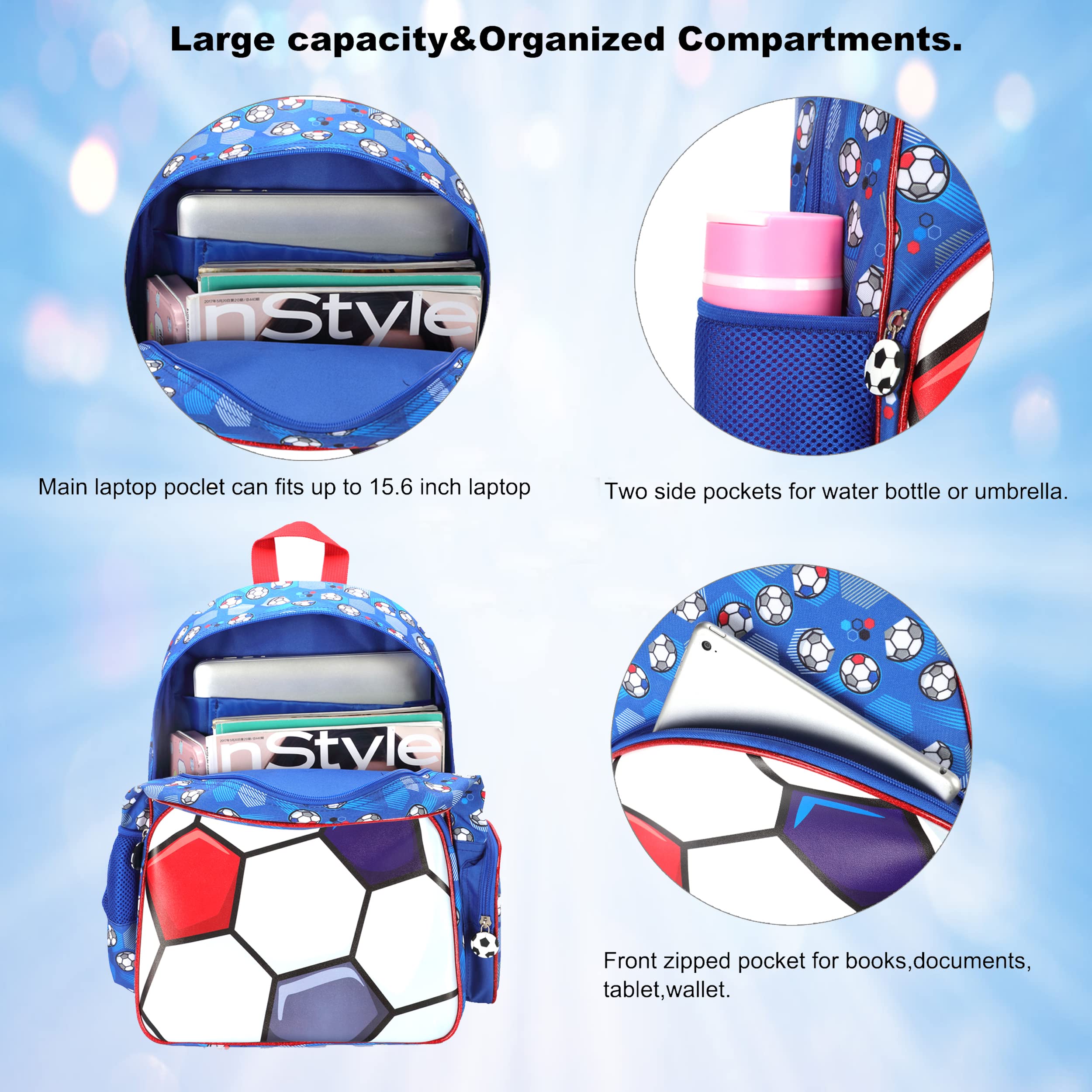 YOJOY Kids Backpack for Boys with Lunch Box Set Elementary School Bags 16 inch Kindergarten Primary Bookbags Football Dinosaur Backpacks (Blue Football Set)
