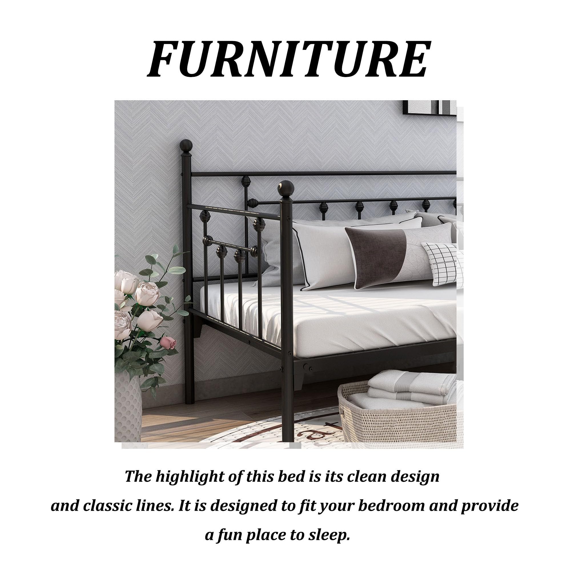 AUFANK Twin Size Daybed Frame Strong Metal Slats Platform Base Box Spring Replacement Bed Sofa for Living Room Guest Room Black