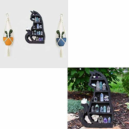 Cat in The Moon Crystal Wooden Shelf,Cat-Shaped Crystal Wooden Shelf, Multipurpose Storage Rack, Bed Room Display Crystals Stone, for Small Plant and Art Gothic Room Ornaments