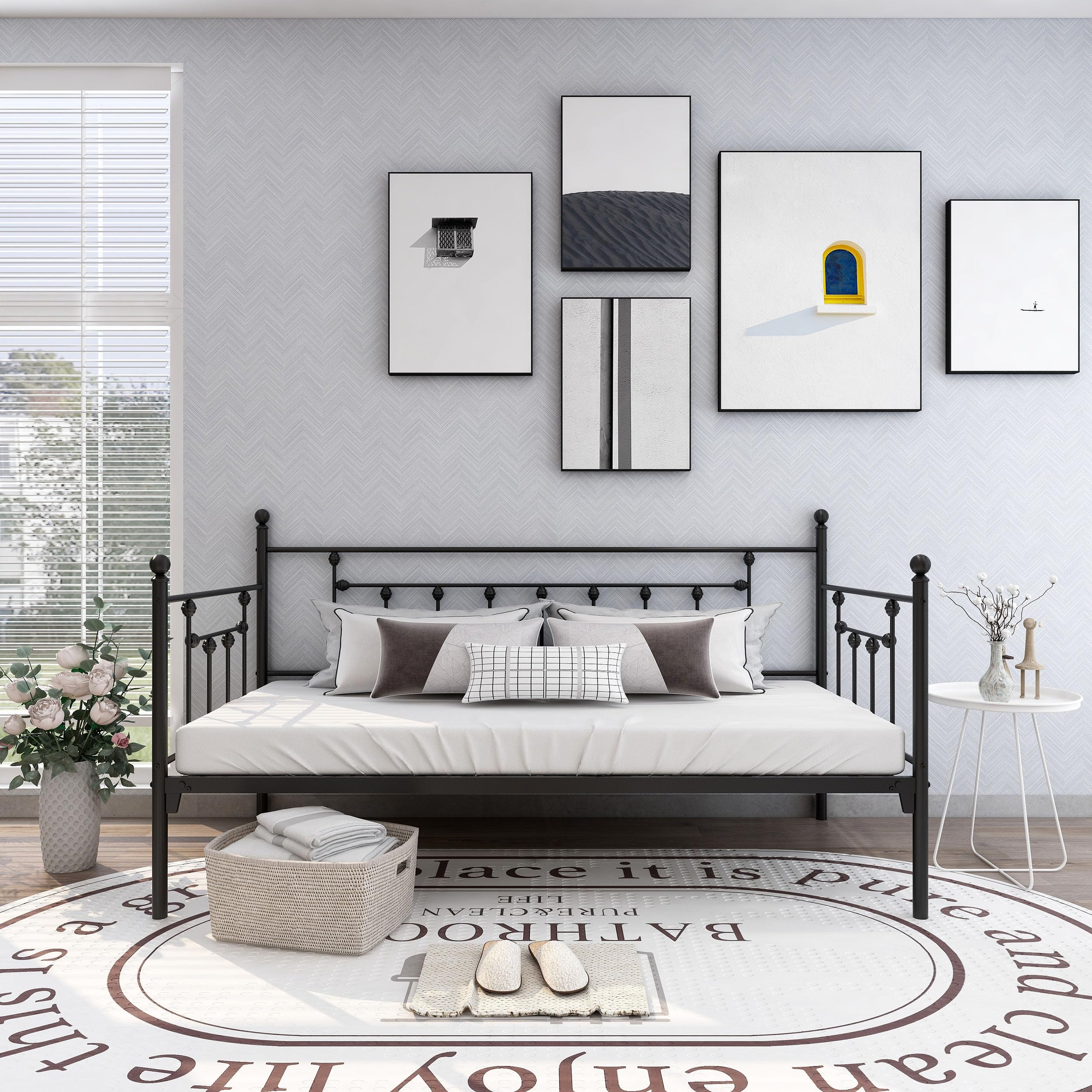 AUFANK Twin Size Daybed Frame Strong Metal Slats Platform Base Box Spring Replacement Bed Sofa for Living Room Guest Room Black