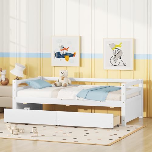 Bellemave Daybed with Two Storage Drawers Wood Day Bed, Sofa Bed Frame with Storage Drawers Daybed Couch with Storage Bed for Living Room Bedroom (White)…