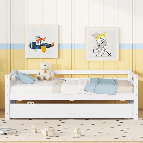 Bellemave Daybed with Two Storage Drawers Wood Day Bed, Sofa Bed Frame with Storage Drawers Daybed Couch with Storage Bed for Living Room Bedroom (White)…