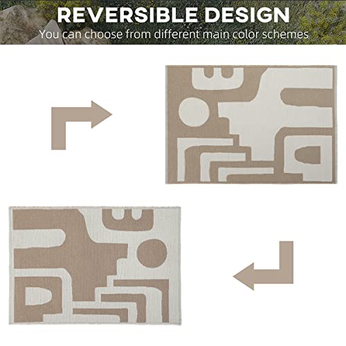 LIVEBOX Abstract Geometric Rug 2' x 3' Washable Small Bathroom Rugs Modern Khaki Cotton Woven Door Mat Concise Reversible Carpet for Bedroom Hallway Entryway Laundry Room