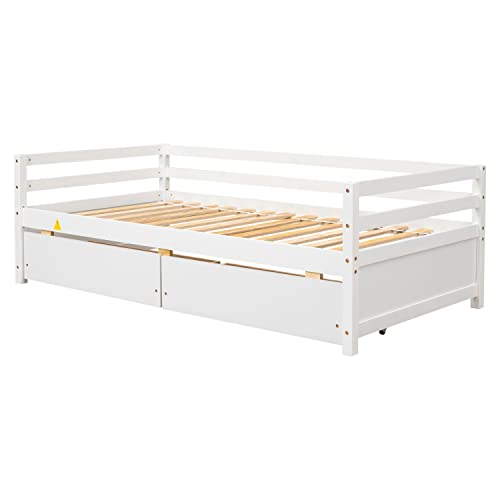 Bellemave Daybed with Two Storage Drawers Wood Day Bed, Sofa Bed Frame with Storage Drawers Daybed Couch with Storage Bed for Living Room Bedroom (White)…