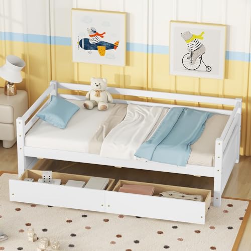 Bellemave Daybed with Two Storage Drawers Wood Day Bed, Sofa Bed Frame with Storage Drawers Daybed Couch with Storage Bed for Living Room Bedroom (White)…