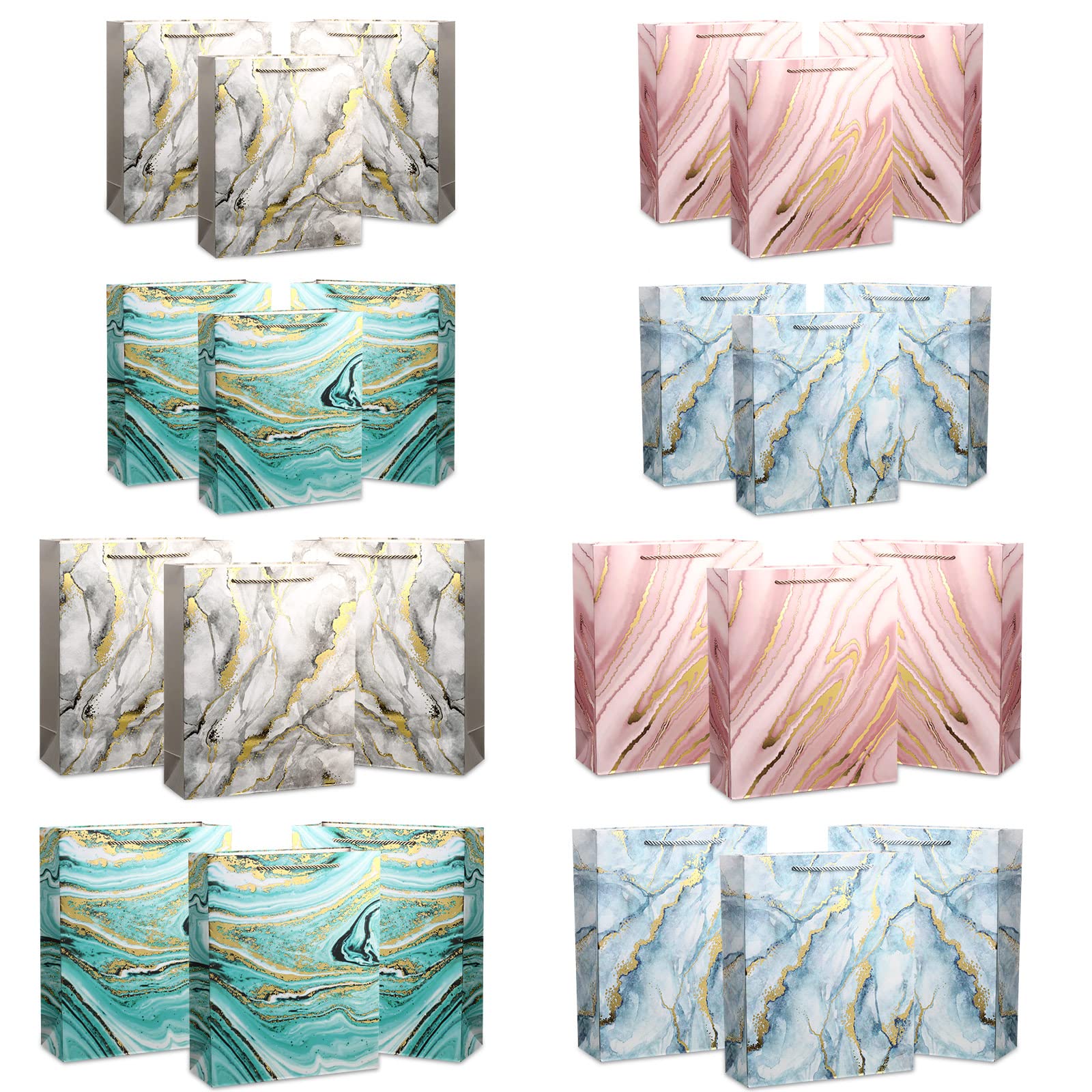 24 Pieces Gift Bags Marble Pattern Treat Bags Small and Medium Size Gift Wrap Bags Gold Foil Paper Bags with Handle for Birthday Wedding Baby Shower Christmas Anniversary Party Favors, 4 Colors