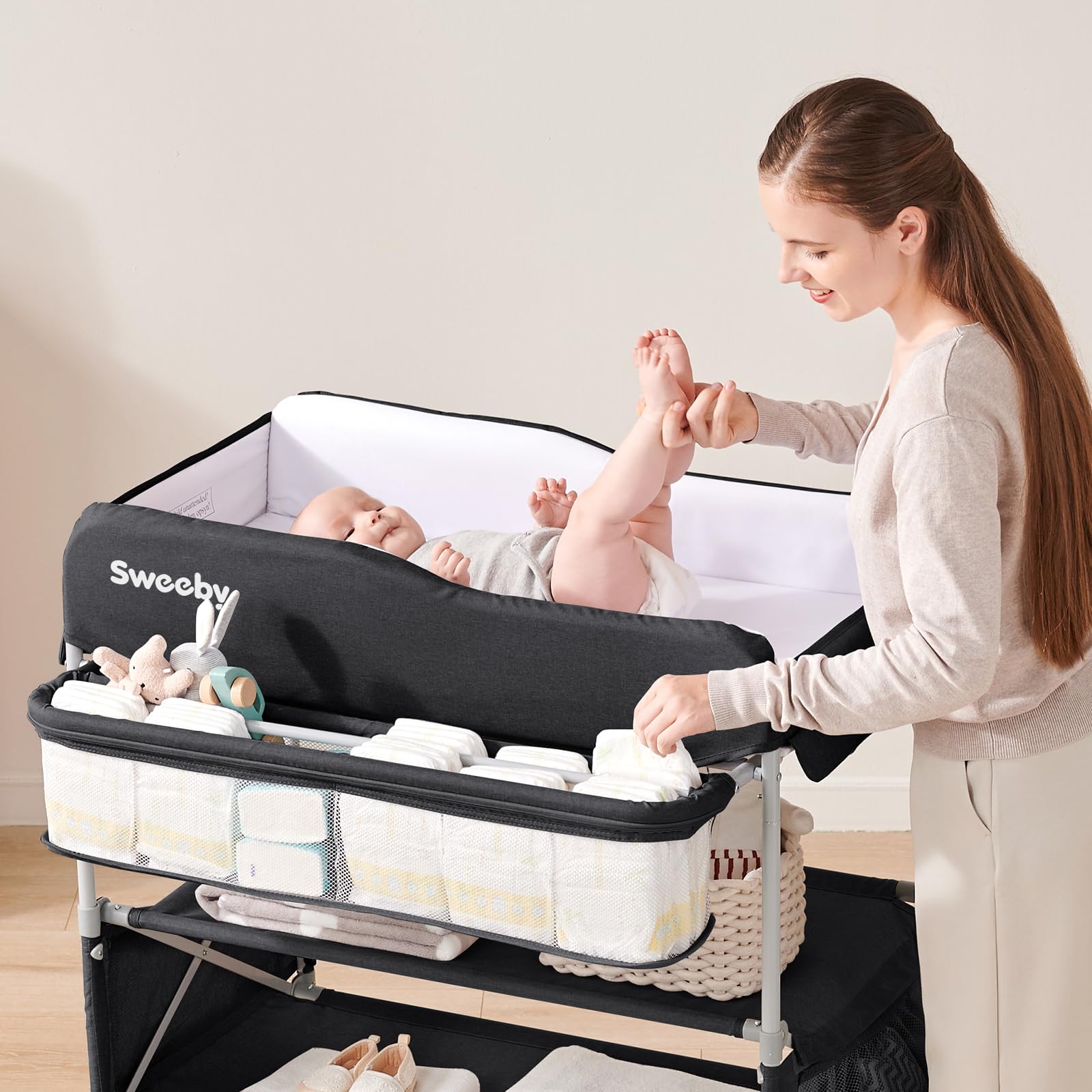Sweeby Portable Baby Changing Table, Foldable Changing Table Dresser Changing Station for Infant, Waterproof Diaper Changing Table Pad Topper, Mobile Nursery Organizer for Newborn Essentials
