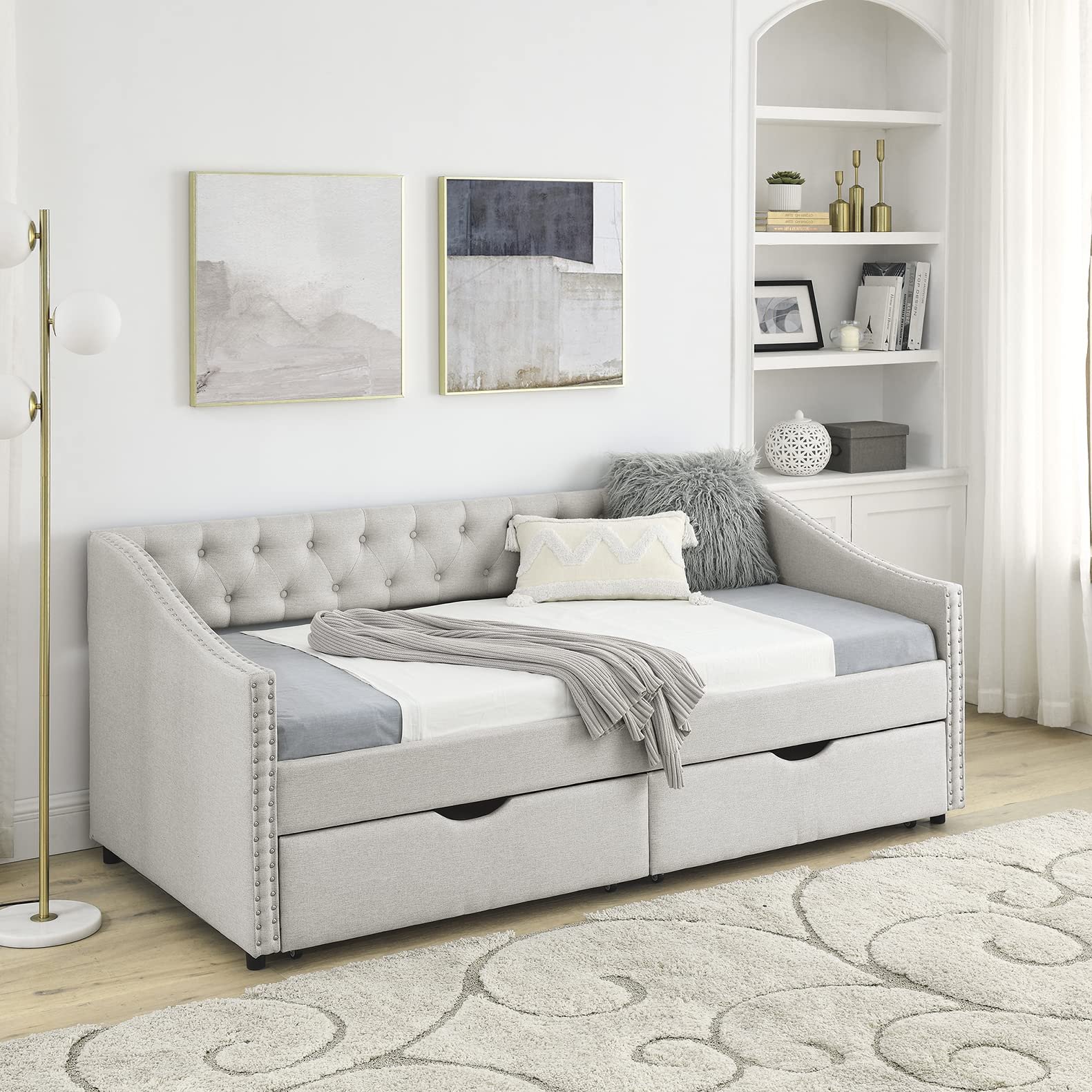SmartDer Wood Twin Daybed, Day Bed Frame with 2 Storage Drawers, Upholstered Twin Bed Frame Sofa Couch with Button and Nailhead Design for Bedroom Guest Room, No Box Spring Needed, Beige