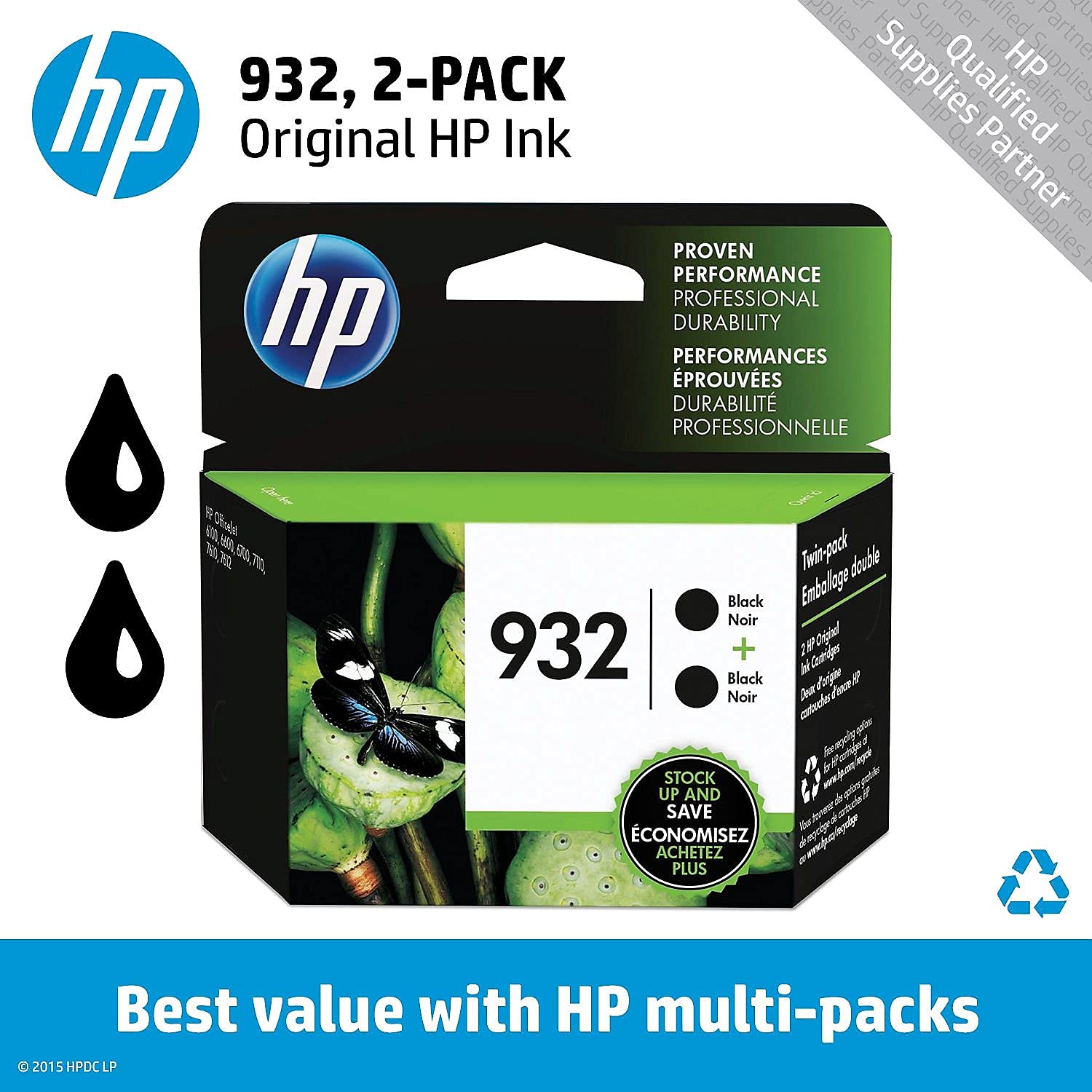 HP 932 | 2 Ink Cartridges | Black | Works with HP OfficeJet 6100, 6600, 6700, 7110, 7510, 7600 Series | CN057AN