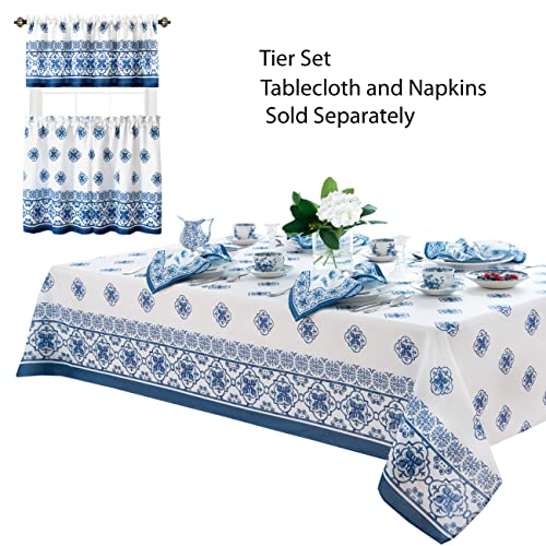 Newbridge Mykonos Blue Mediterranean Tile Bordered Fabric Tablecloth - Blue Medallion Print Indoor/Outdoor, Stain Resistant, No-Iron Tablecloth, 52 Inch x 70 Inch Oblong/Rectangle