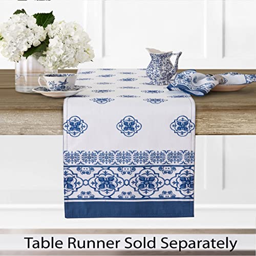 Newbridge Mykonos Blue Mediterranean Tile Bordered Fabric Tablecloth - Blue Medallion Print Indoor/Outdoor, Stain Resistant, No-Iron Tablecloth, 52 Inch x 70 Inch Oblong/Rectangle