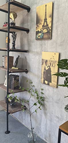 Industrial Pipe Shelving Solid Wood 6-Tier Pipe Shelves 24 inch Ladder Pipe Tall Bookshelf Industrial Floating Wall Shelves for Wall Decor 30 inch Depth Storage Rustic Shelves for Living Room Kitchen