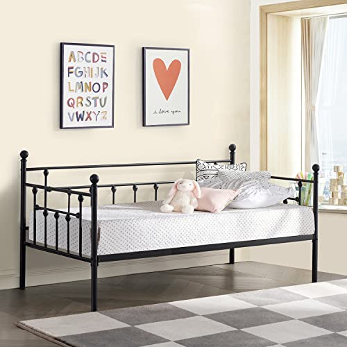 VECELO Twin Size Daybed Frame Metal Steel Slat Support/Strong Legs Headboard/Mattress Foundation