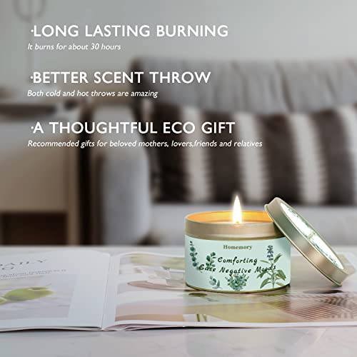 Homemory Eucalyptus & Sage Scented Candles, Candles for Home Scented, Stress Relief Candles for Cleansing Negative Energy, Natural Soy Candles, Aromatherapy Candles Eucalyptus, Soy Tin Candle 6oz