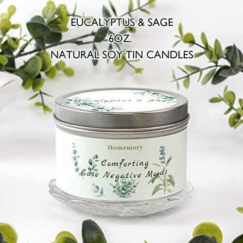 Homemory Eucalyptus & Sage Scented Candles, Candles for Home Scented, Stress Relief Candles for Cleansing Negative Energy, Natural Soy Candles, Aromatherapy Candles Eucalyptus, Soy Tin Candle 6oz