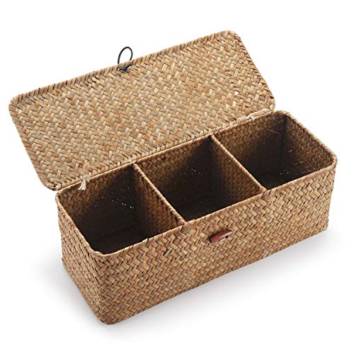 Seagrass Tank Basket with Lid Woven Toilet Roll Storage Basket with Sections Rectangular for Organize Snack Toys (Large Compartment 16.5inch L x 5.5inch W x 5.5inch H)