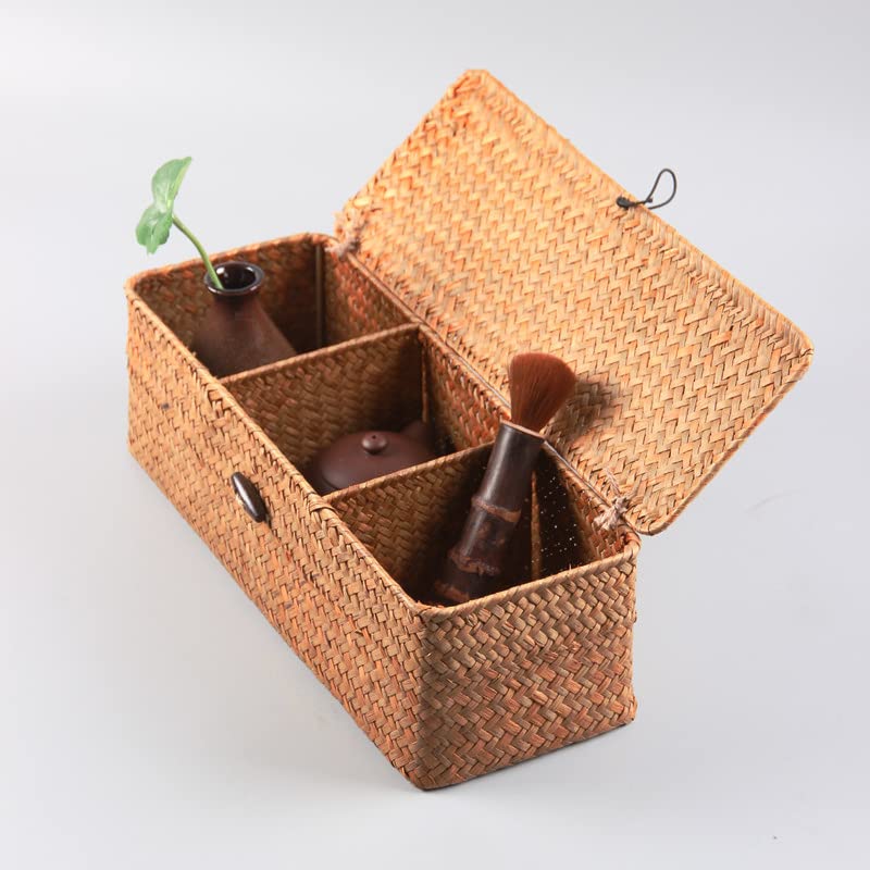 Seagrass Tank Basket with Lid Woven Toilet Roll Storage Basket with Sections Rectangular for Organize Snack Toys (Large Compartment 16.5inch L x 5.5inch W x 5.5inch H)