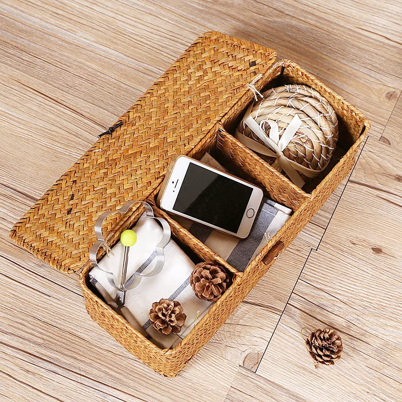 Seagrass Tank Basket with Lid Woven Toilet Roll Storage Basket with Sections Rectangular for Organize Snack Toys (Large Compartment 16.5inch L x 5.5inch W x 5.5inch H)