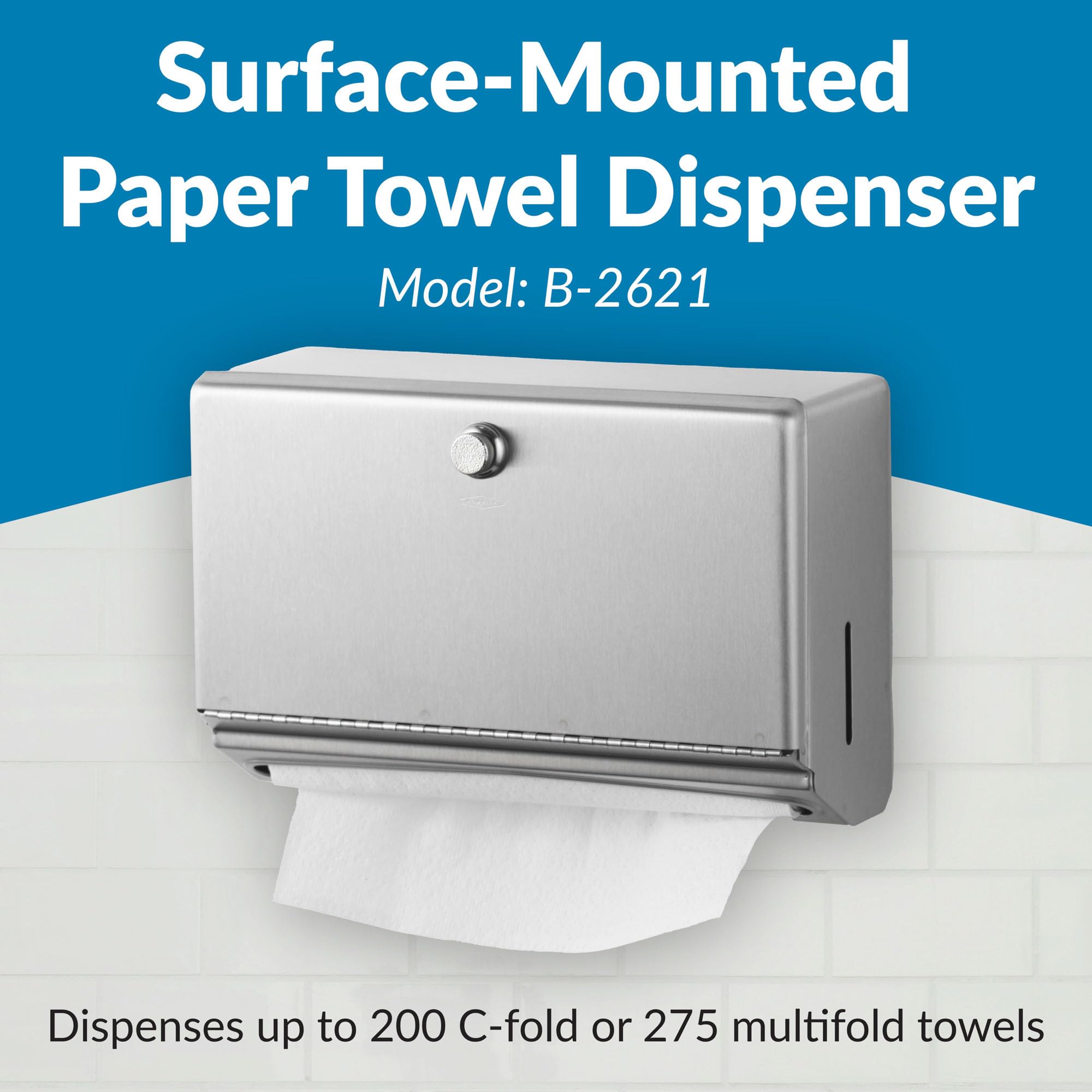 Bobrick B-2621 10.75 in. x 4 in. x 7.13 in. Surface-Mounted Paper Towel Dispenser - Stainless Steel