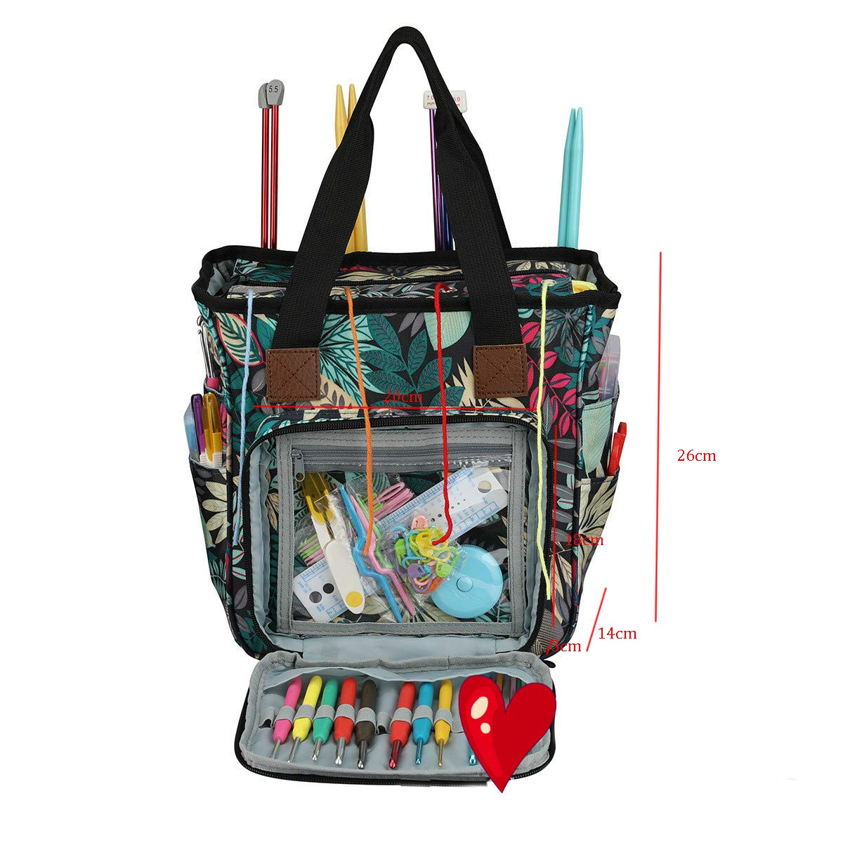 Knitting Tote Bag Yarn Storage Bag, for Carrying Projects Crochet Hooks, Knitting Needles, Yarn Balls, Sewing Supplies Organization (Blue Leaf)