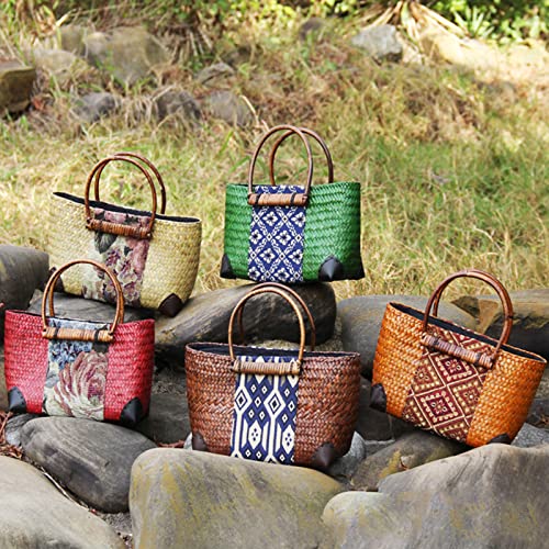 QTKJ Straw Bag for Women, Summer Beach Handmade Rattan Tote Bag, Boho Retro Straw Woven Handbag, Large Beach Vacation Bag (Brown)