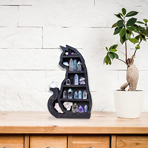 Moon and Cat Crystal Wall Shelf, Wood Crystal Display Moon and Cat Wall Decora for Crystals and Essential Oils, Beautiful Crescent Moon Shelf for Living Room, Bedroom, Office - Cat-Shaped Room Decor