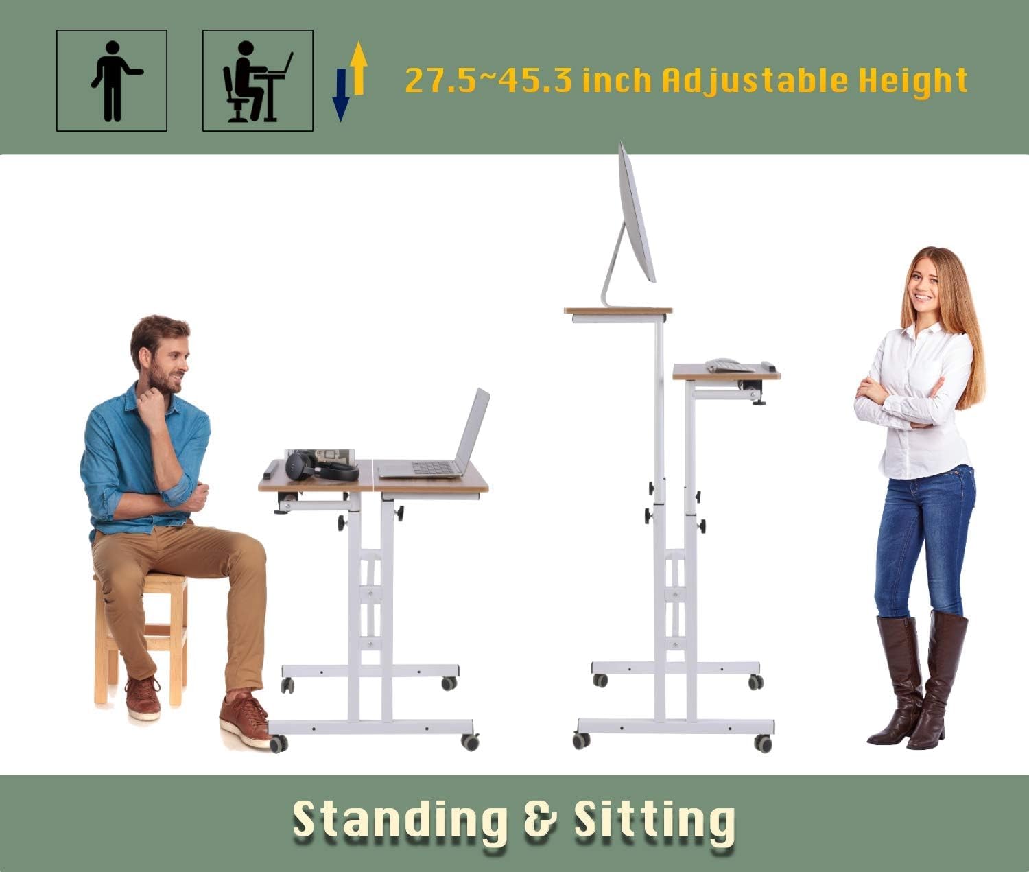 AIZ Mobile Standing Desk, Adjustable Computer Desk Rolling Laptop Cart on Wheels Home Office Computer Workstation, Portable Laptop Stand for Small Spaces Tall Table for Standing or Sitting, Oak