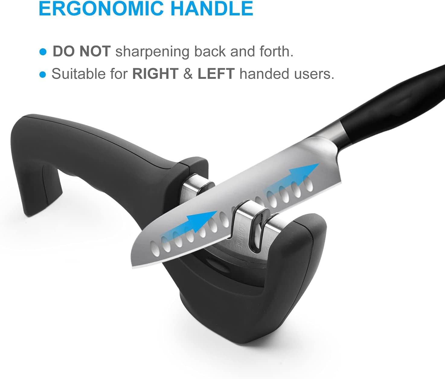 Daailoktau 3-in-1 Knife Sharpener, 3 Stage Manual Sharpener for Sharpening Kitchen Knives - Ceramic Stone, Tungsten Carbide Plates, Diamond rods. Ergonomic Design, Black/Chrome Finish