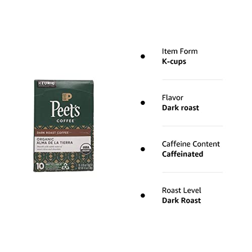 Peet's Coffee, Dark Roast K-Cup Pods for Keurig Brewers - Organic Alma de la Tierra, USDA Organic 10 Count (1 Box of 10 K-Cup Pods) Packaging May Vary