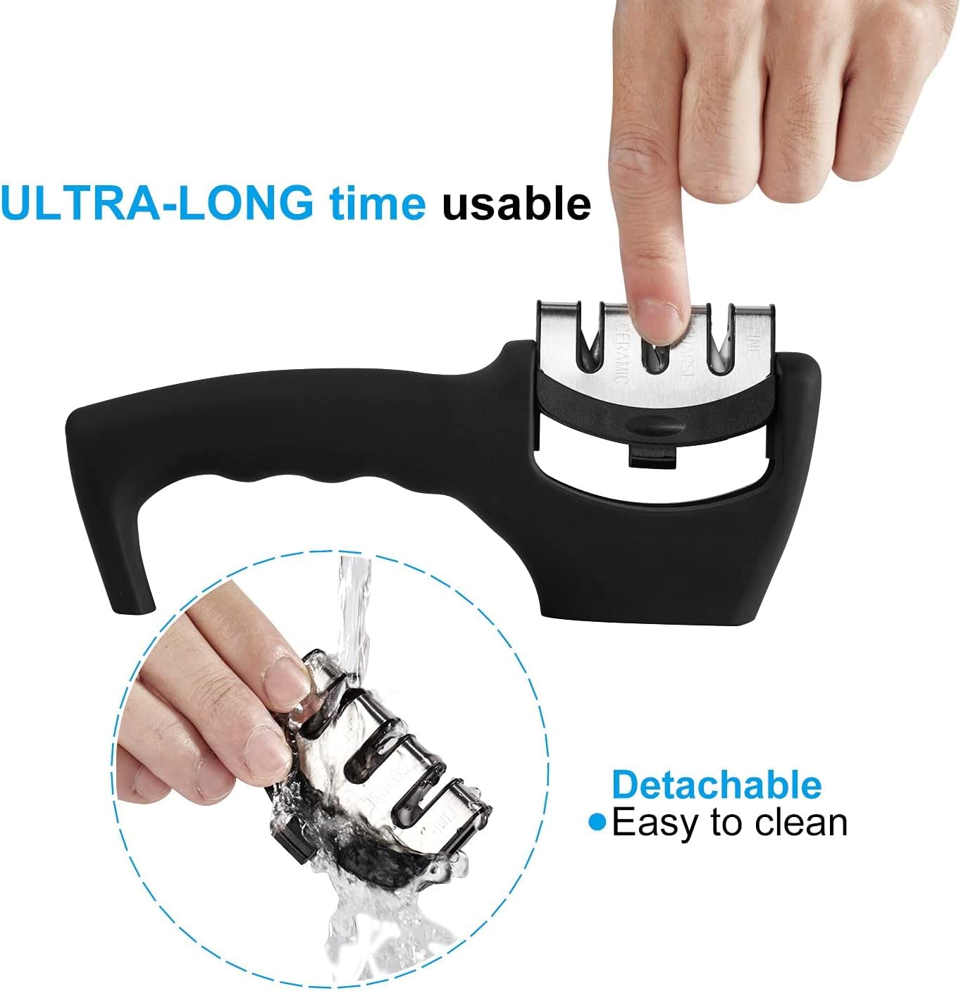 Daailoktau 3-in-1 Knife Sharpener, 3 Stage Manual Sharpener for Sharpening Kitchen Knives - Ceramic Stone, Tungsten Carbide Plates, Diamond rods. Ergonomic Design, Black/Chrome Finish