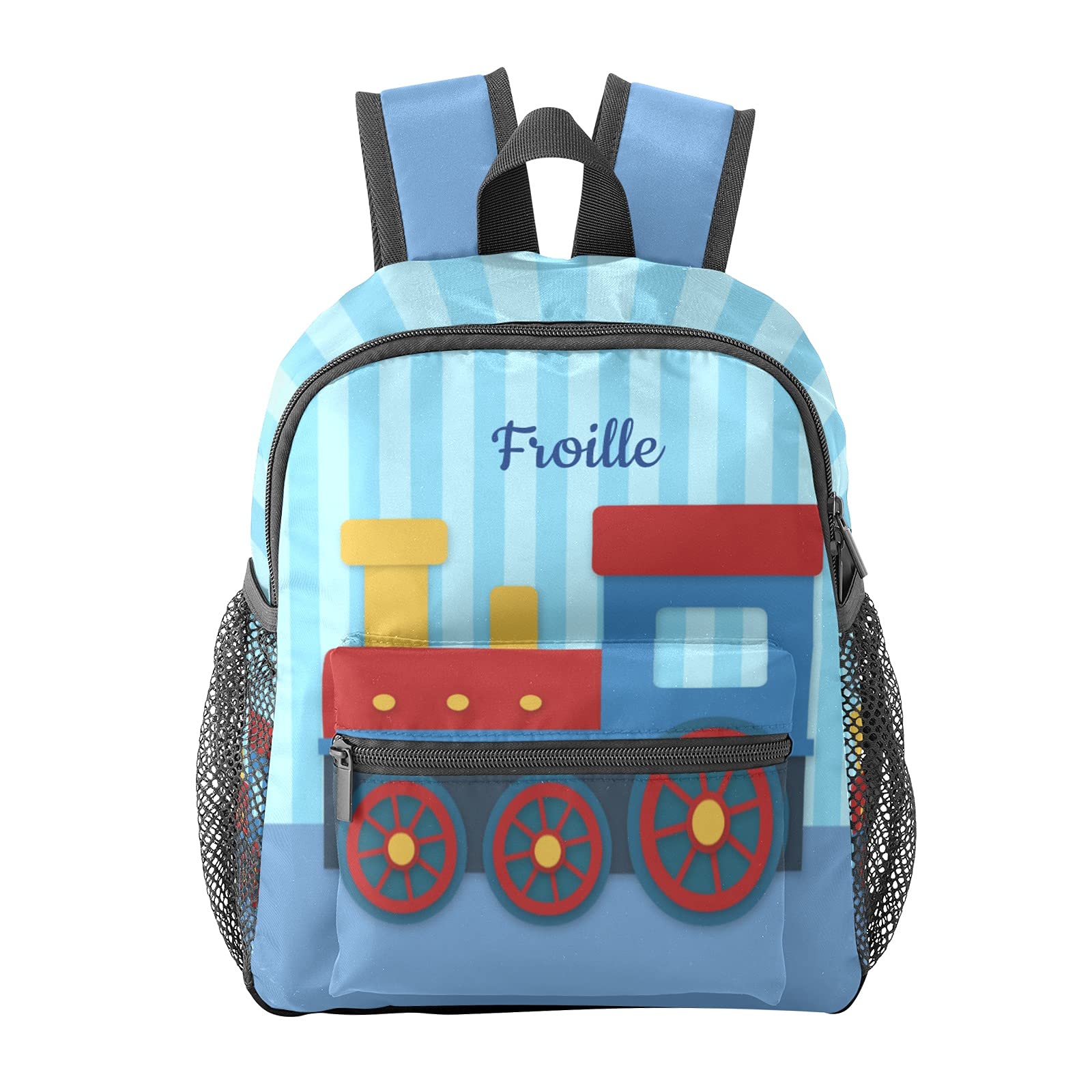 SunFancy Train Blue Strips Personalized School Backpack for Kid-Boy /Girl Toddler Daypack Kindergarten Travel Bookbag, 10''(L) x 4''(W) x 12''(H) (K10255)