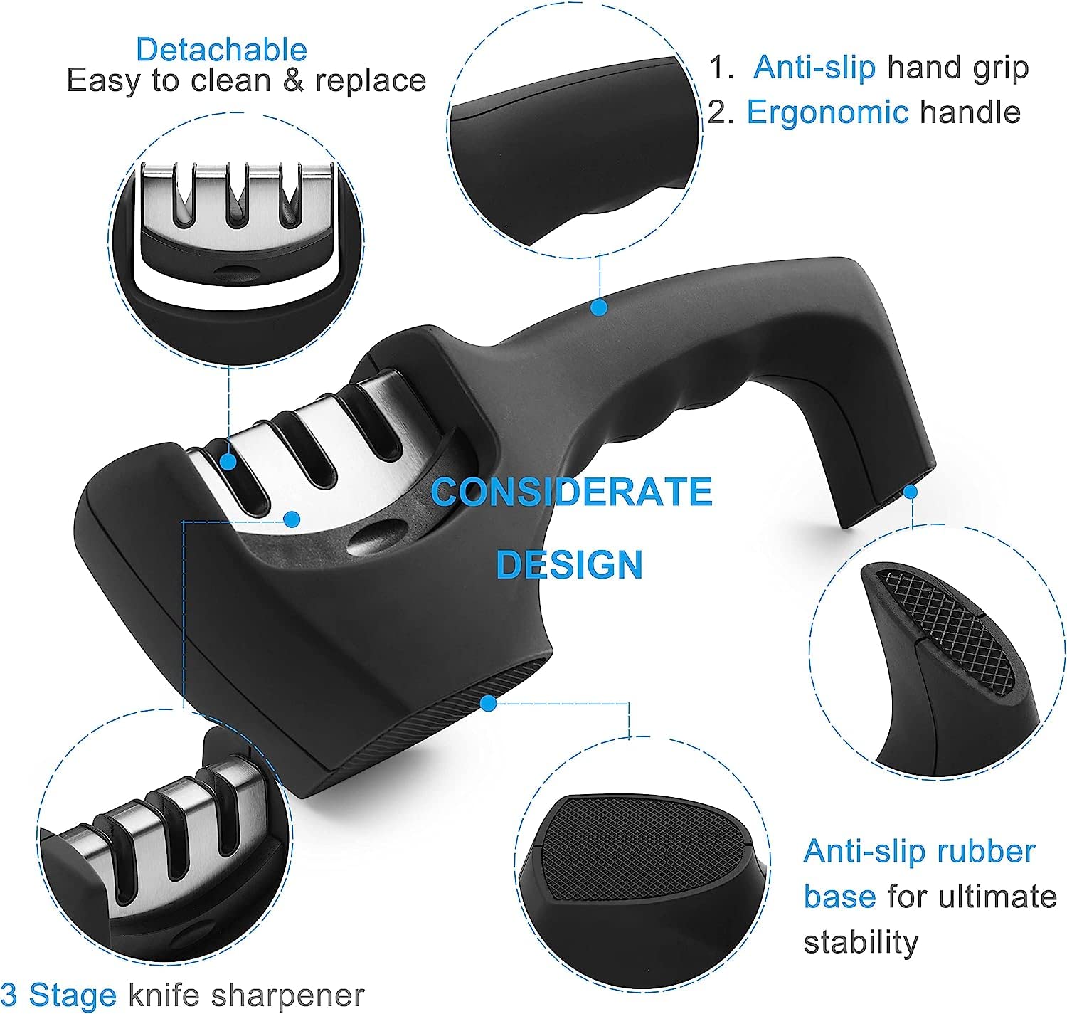 Daailoktau 3-in-1 Knife Sharpener, 3 Stage Manual Sharpener for Sharpening Kitchen Knives - Ceramic Stone, Tungsten Carbide Plates, Diamond rods. Ergonomic Design, Black/Chrome Finish