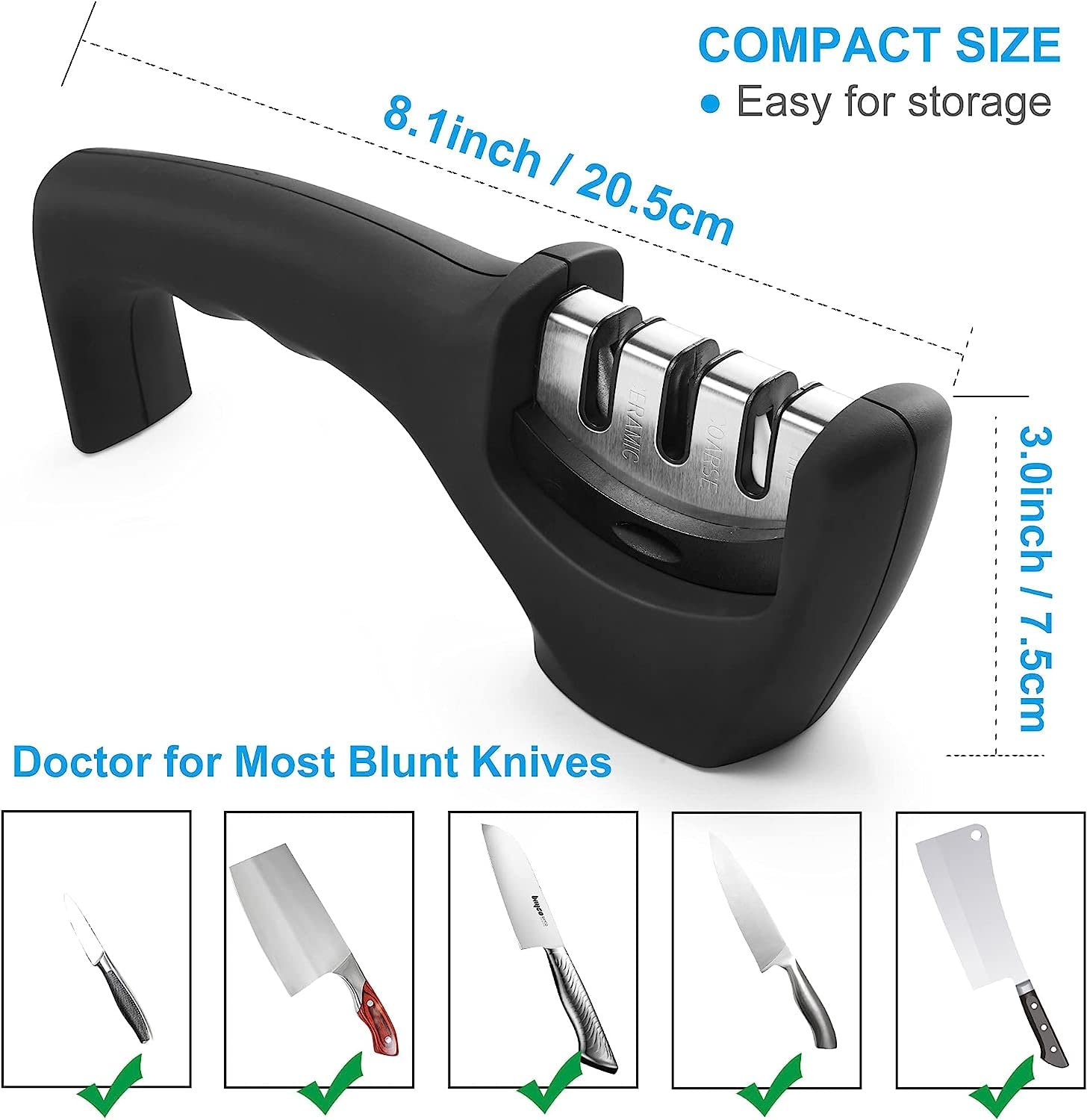 Daailoktau 3-in-1 Knife Sharpener, 3 Stage Manual Sharpener for Sharpening Kitchen Knives - Ceramic Stone, Tungsten Carbide Plates, Diamond rods. Ergonomic Design, Black/Chrome Finish