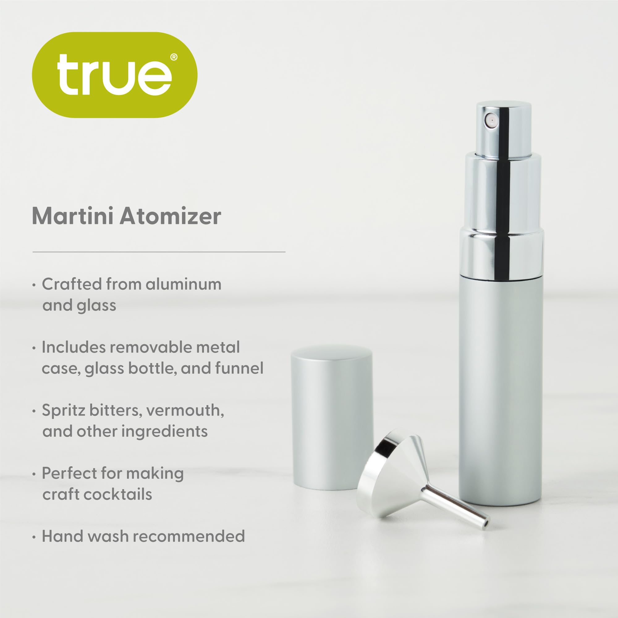 True Martini Atomizer Bar Mister with Refillable Funnel for Vermouth Spray Glass Canister with Stainless Steel Case, 1 Count (Pack of 1), Silver