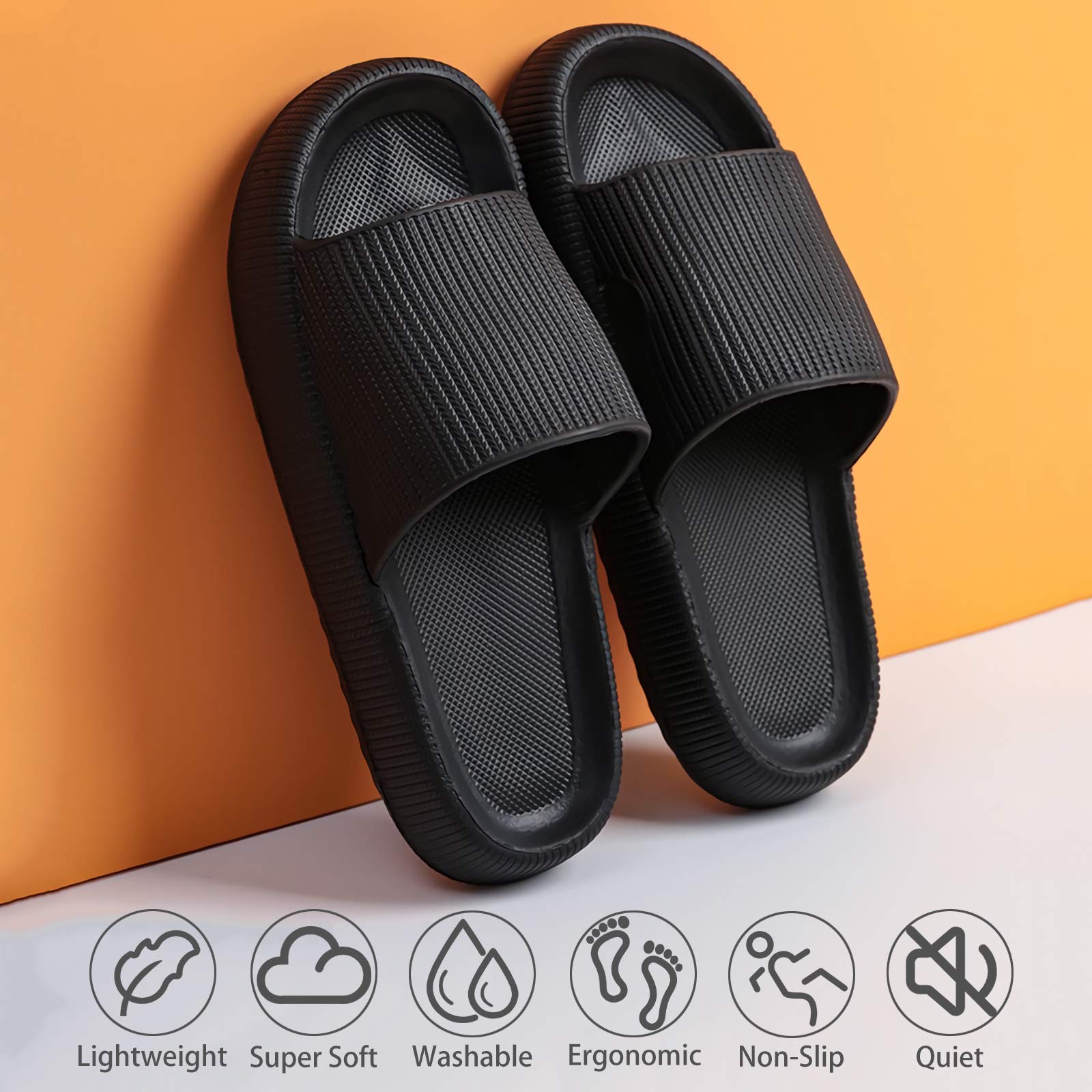 rosyclo Pillow Slipers for and Men, EVA Flat Clouds Massage Shower Bedroom Non Slip Quick Drying Open Toe Super Soft Comfy Thick Sole Puffy Bath Sliders Sandalias, Black