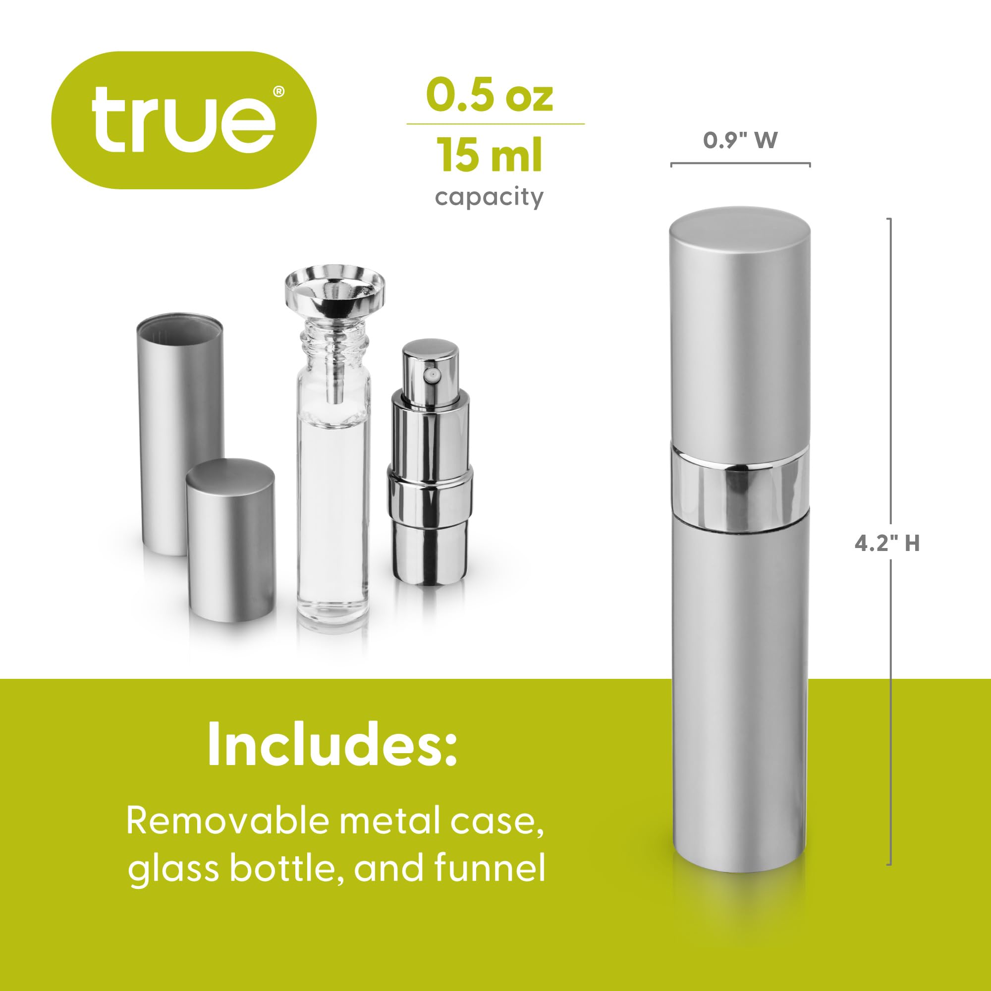 True Martini Atomizer Bar Mister with Refillable Funnel for Vermouth Spray Glass Canister with Stainless Steel Case, 1 Count (Pack of 1), Silver
