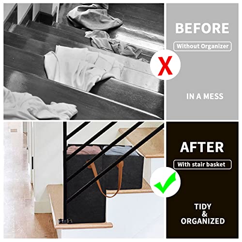 Stair Basket with Leather Handle for Carpeted Stairs, Staircase Basket with Collapsible Baffle for 16โโ wooden stairs, Foldable Basket Organizer for Office Home stairway in tidy and Storage