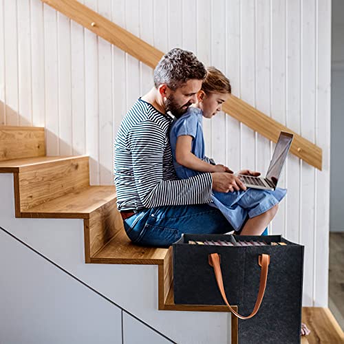 Stair Basket with Leather Handle for Carpeted Stairs, Staircase Basket with Collapsible Baffle for 16โโ wooden stairs, Foldable Basket Organizer for Office Home stairway in tidy and Storage