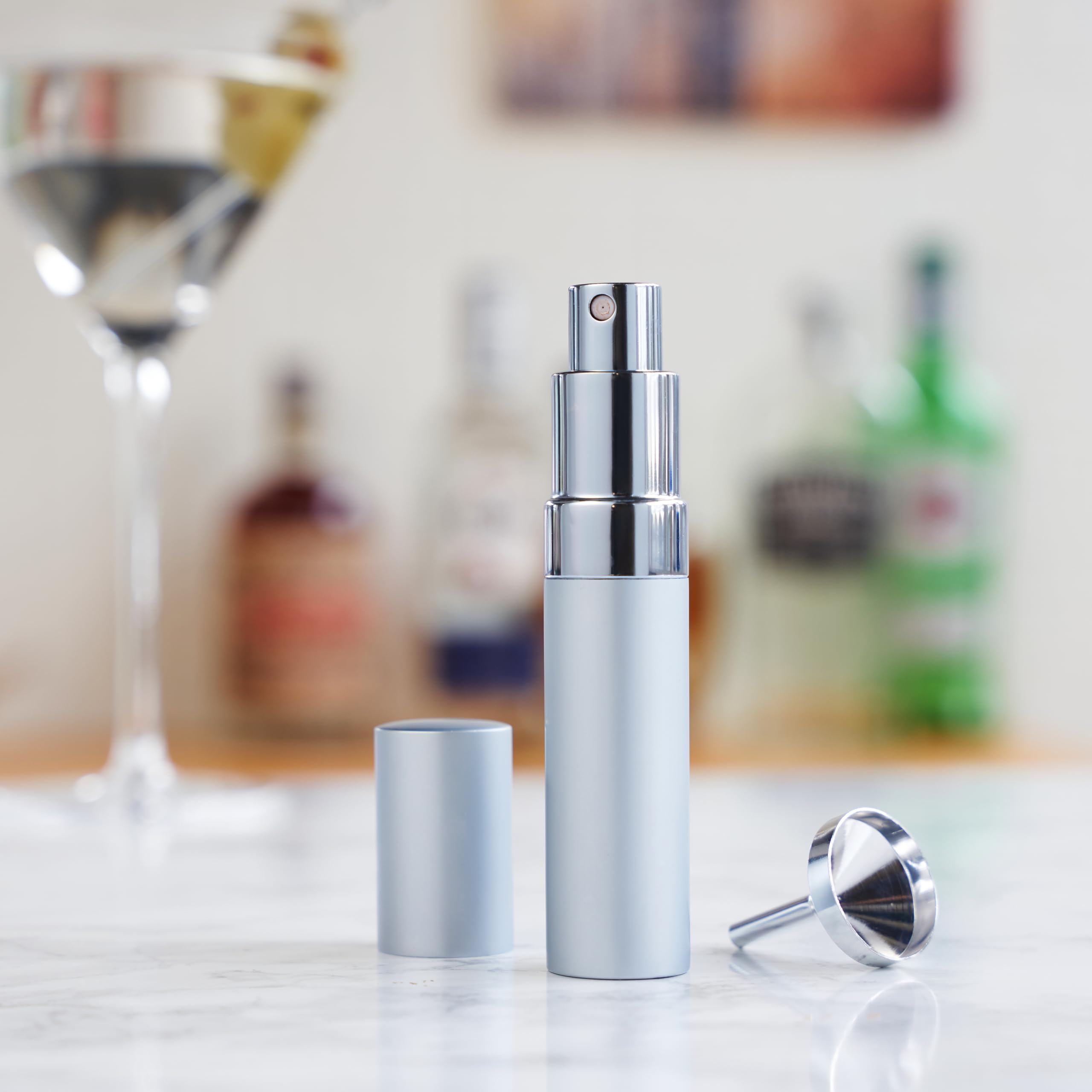 True Martini Atomizer Bar Mister with Refillable Funnel for Vermouth Spray Glass Canister with Stainless Steel Case, 1 Count (Pack of 1), Silver