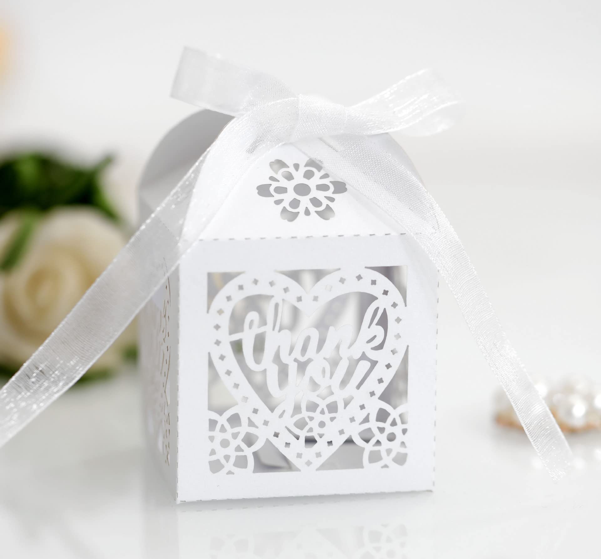 Elephant-package 25 Pcs Laser Cut Boxes (White), Bridal Shower Favor Boxes with Ribbon, Thank You Lace Candy Boxes, Party Favor, Wedding, Anniversary