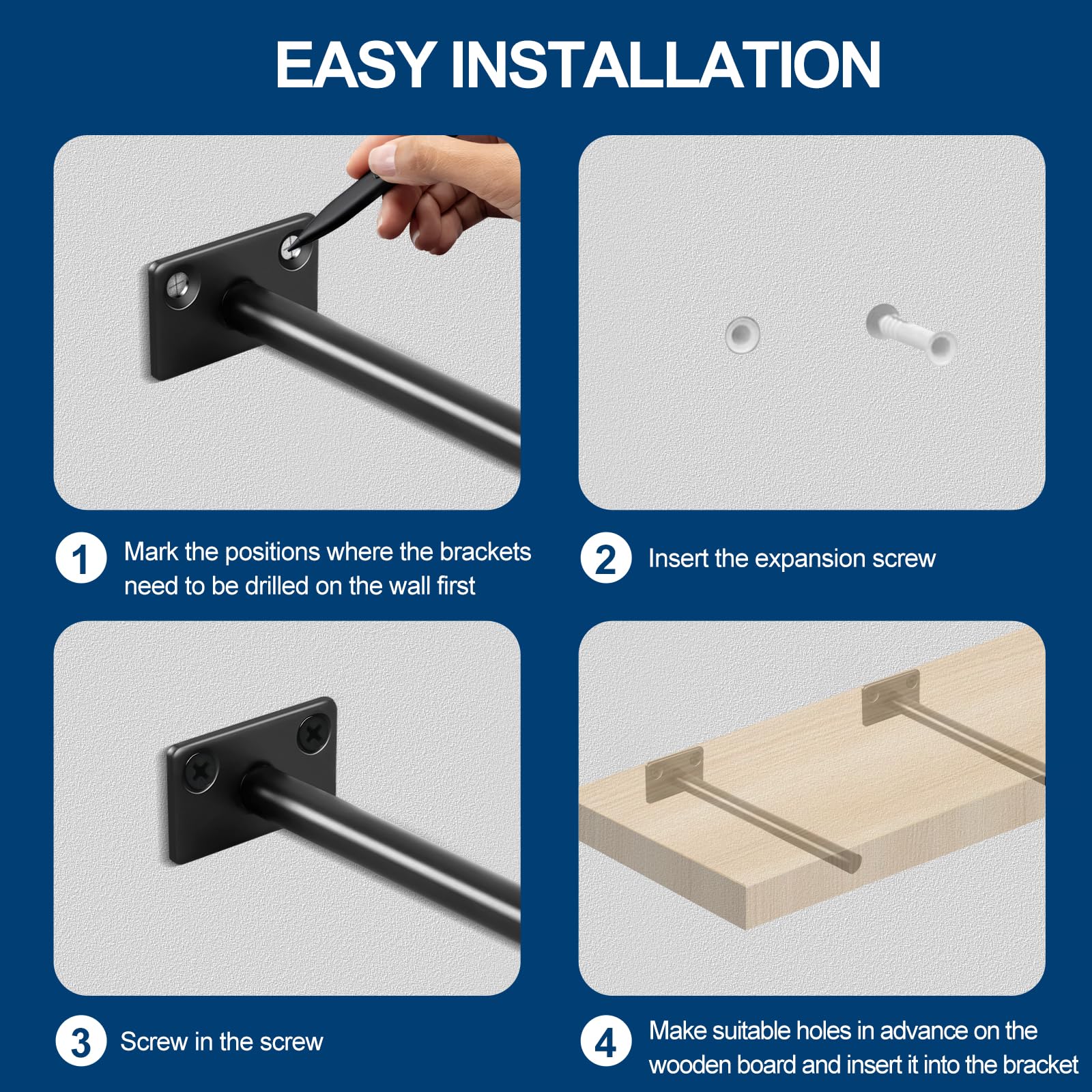 MHMYDZ 8 Pcs 6" Black Solid Steel Floating Shelf Bracket Blind Shelf Supports - Hidden Brackets for Floating Wood Shelves - Concealed Blind Shelf Support β Screws and Wall Plugs Included
