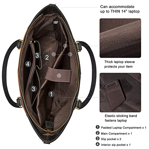 S-ZONE Vintage Genuine Leather Shoulder Bag Work Totes for Women Purse Handbag with Back Zipper Pocket Large