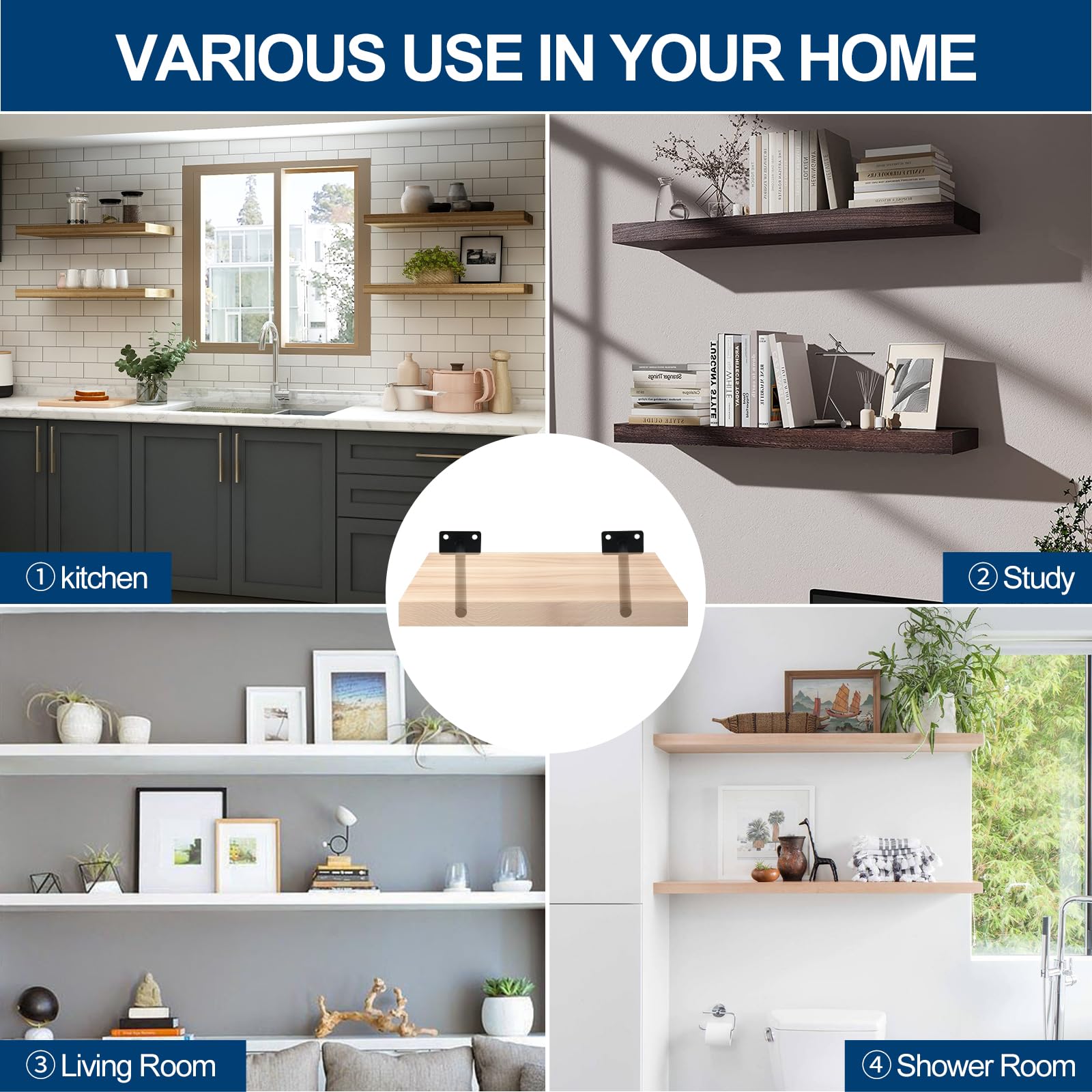MHMYDZ 8 Pcs 6" Black Solid Steel Floating Shelf Bracket Blind Shelf Supports - Hidden Brackets for Floating Wood Shelves - Concealed Blind Shelf Support β Screws and Wall Plugs Included