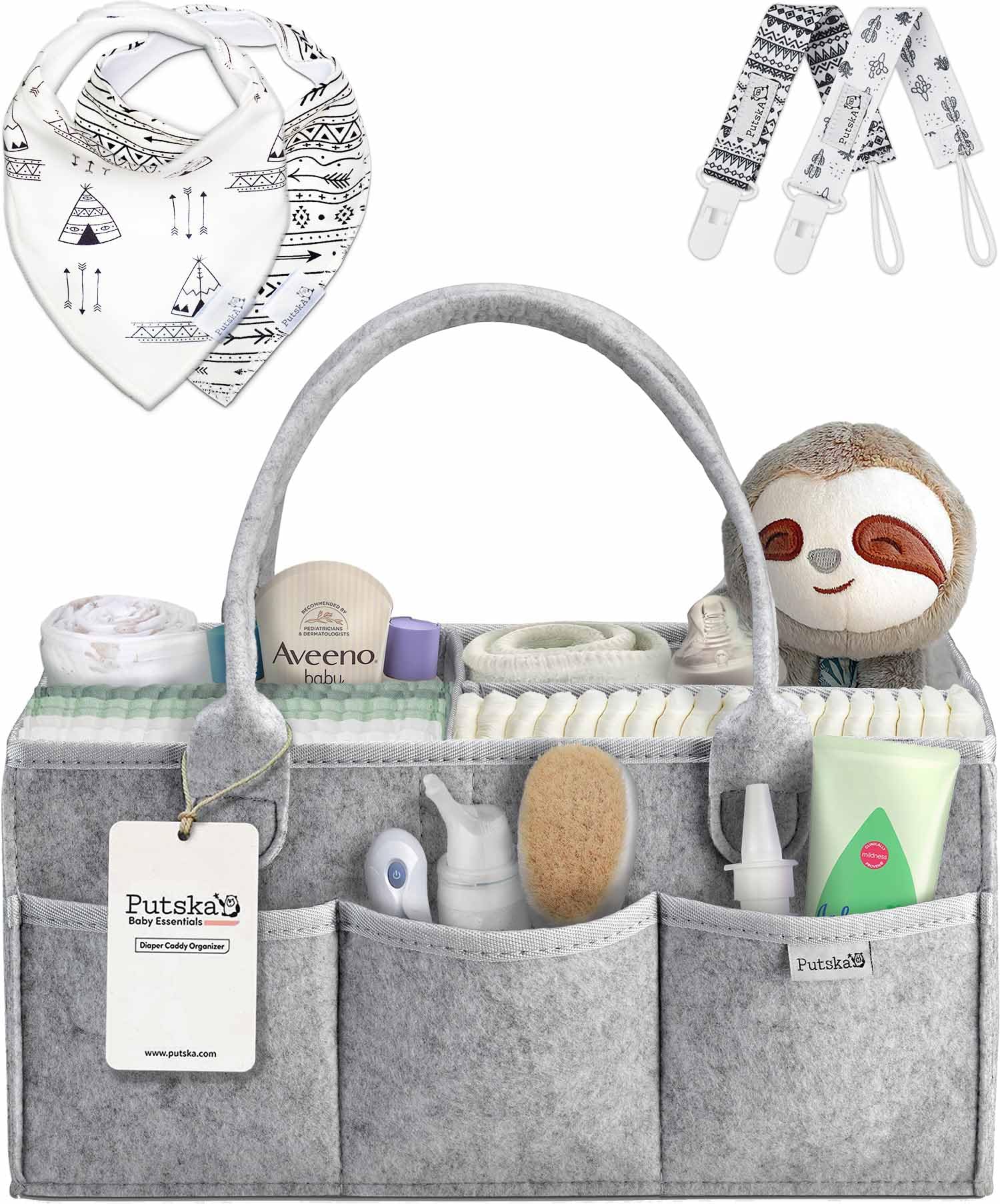 Putska Baby Diaper Caddy Organizer Nursery Basket Set - A Baby basket gift registry for baby shower list. This is a baby must haves essentials. Neutral baby stuff for newborn boy nursery decor or girl